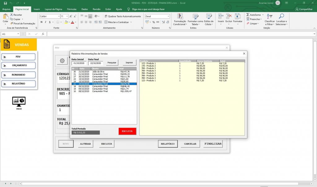 Planilha Vendas - PDV - Estoque - Financeiro - Excel Avançado